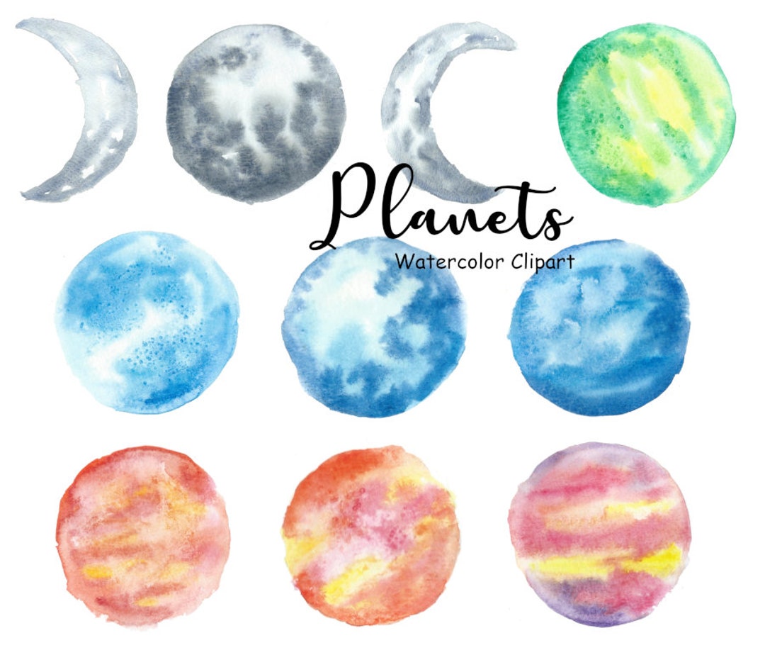 Watercolor Planets and Moon Phases Clipart, Commercial Use 10 Hand ...