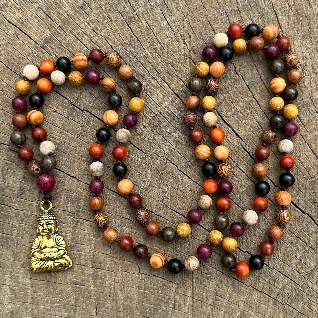Meditating Buddha Mala - Mixed Wood Mala - 108 Bead Japa Mala - Multi ...