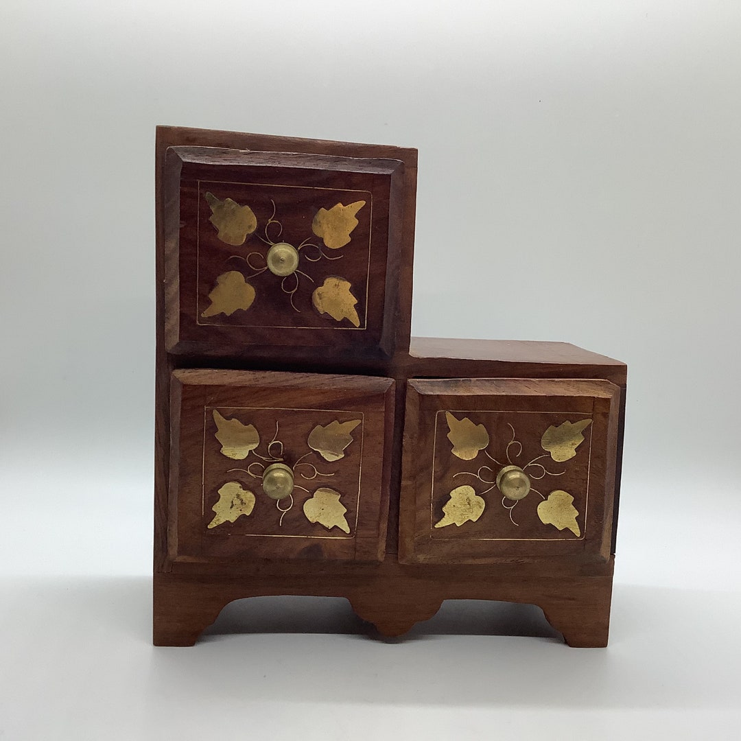 Vintage Three Drawer Wood Spice Box With Copper Inlay - Etsy