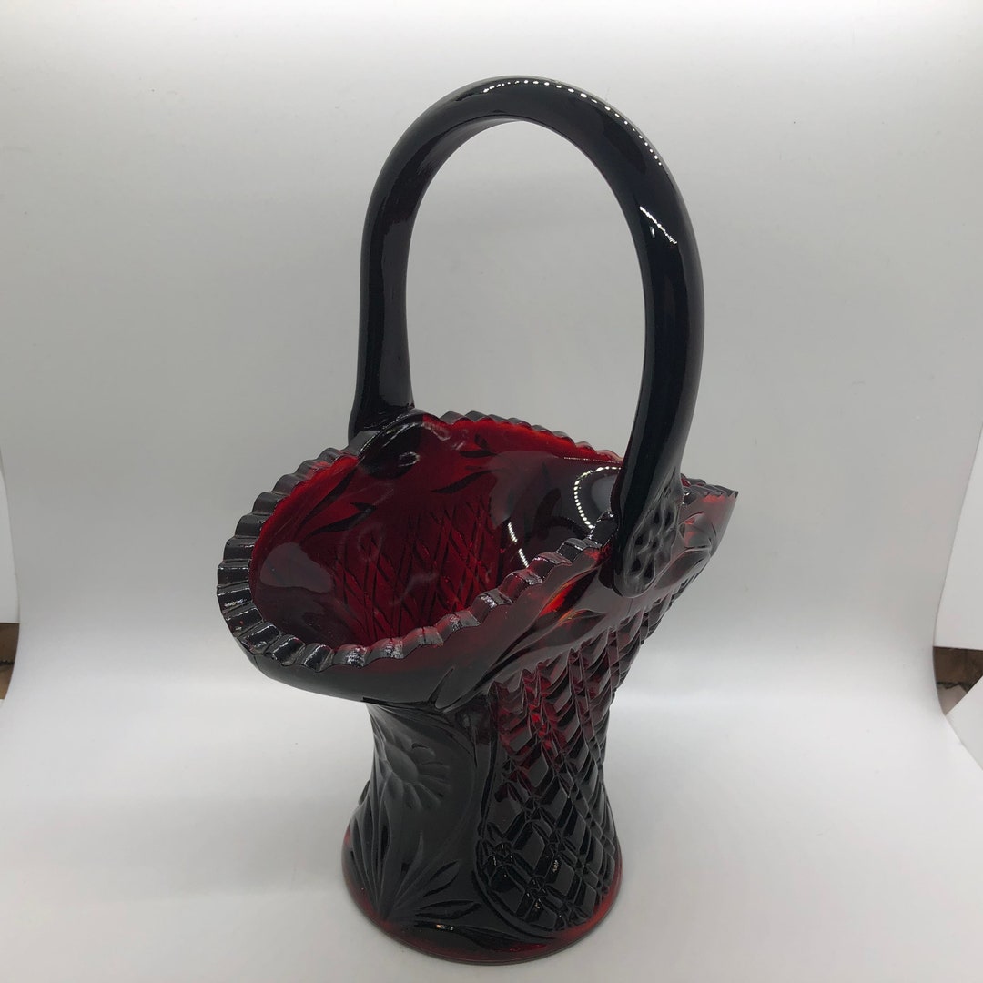 Vintage Tall Red Pressed Glass Basket - Etsy