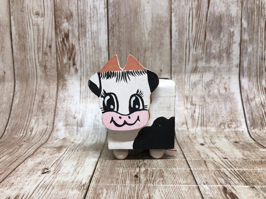 Vintage Small Handmade Wood Block Cow Figurine - Etsy