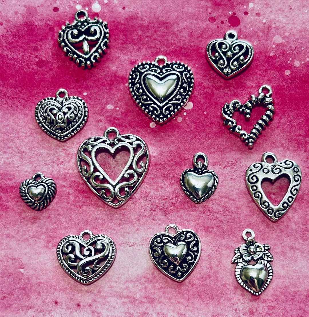 Assorted Heart Charms (12 or 16 Charms) Sterling Silver Plated Heart ...