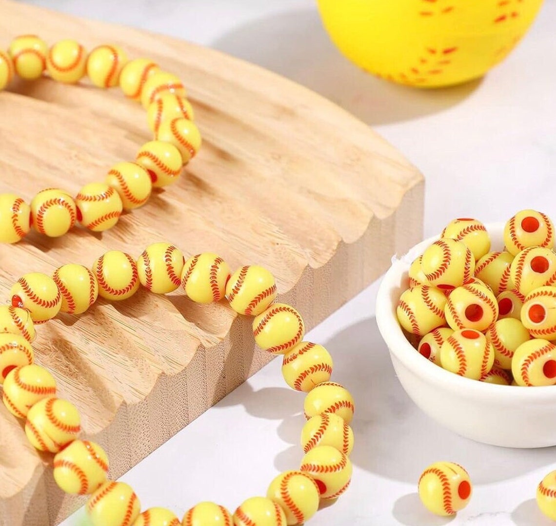 10mm Softball Beads (12 or 24) Yellow Softball Beads, Acrylic Softball ...