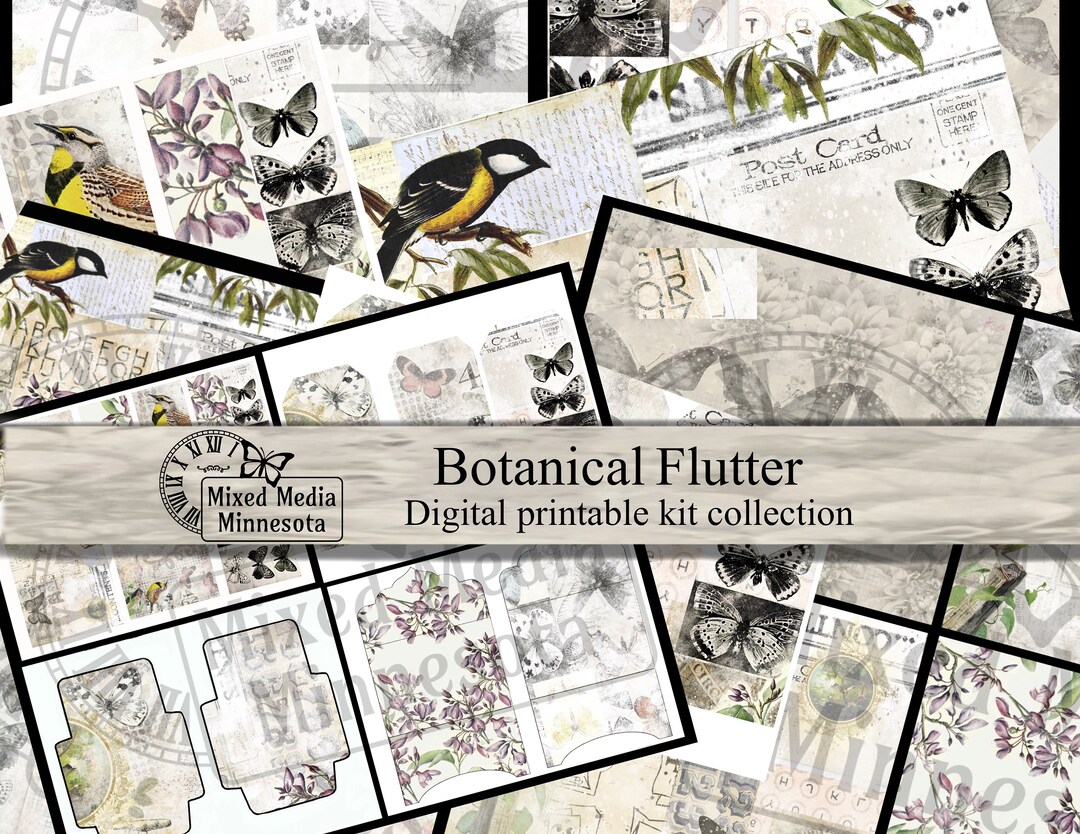 Printable Digital Botanical Flutter Scrapbook Junk Journal Mixed Media Collage Kit Bundle ...