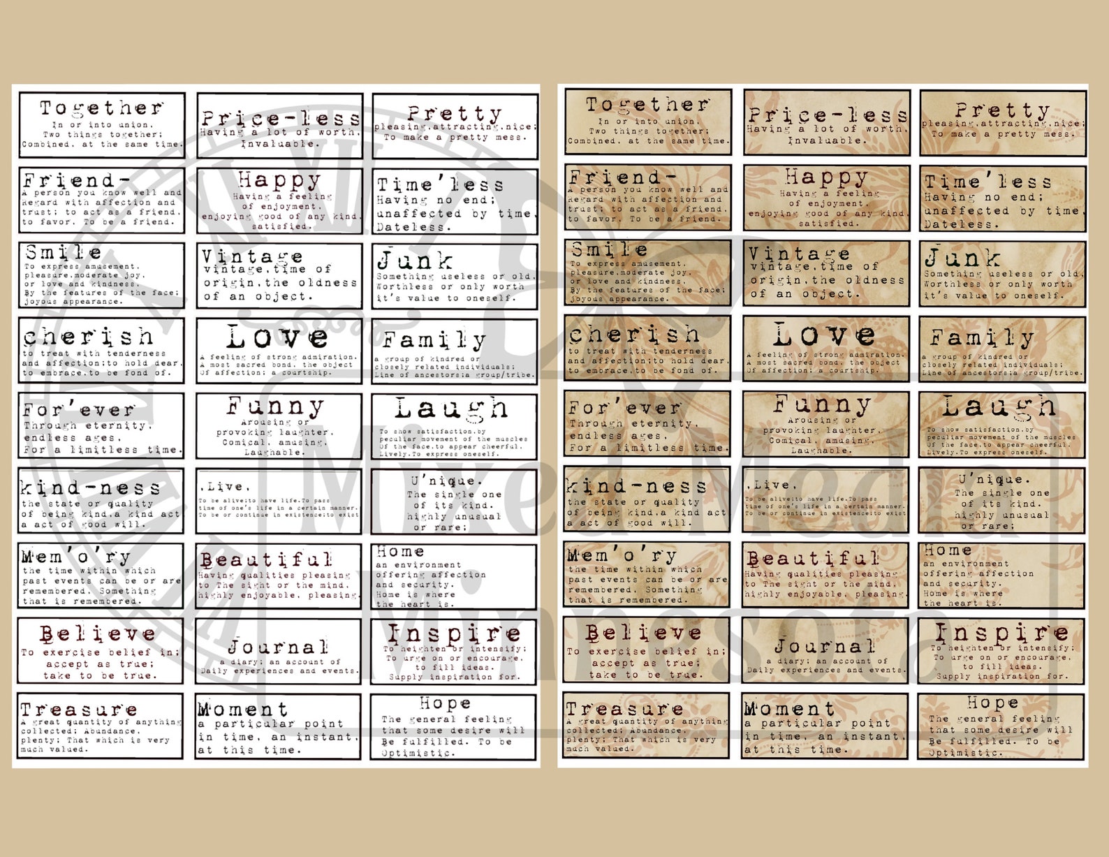 Inspirational Word Definition Labels Printable Digital Kit for Junk ...
