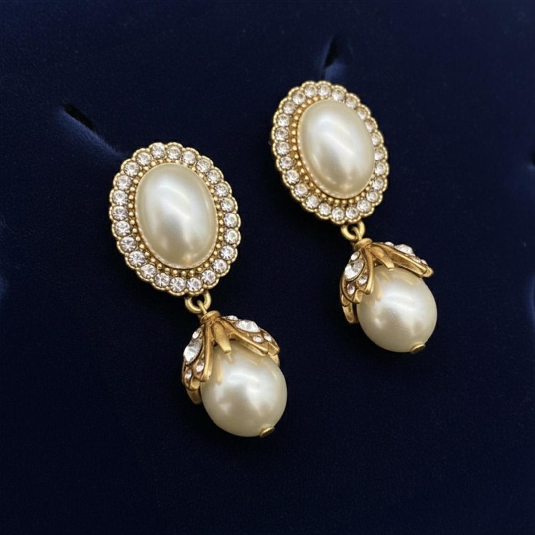 Elegant Vintage Pearl Drop Earrings, Gold Tone Crystal Statement ...