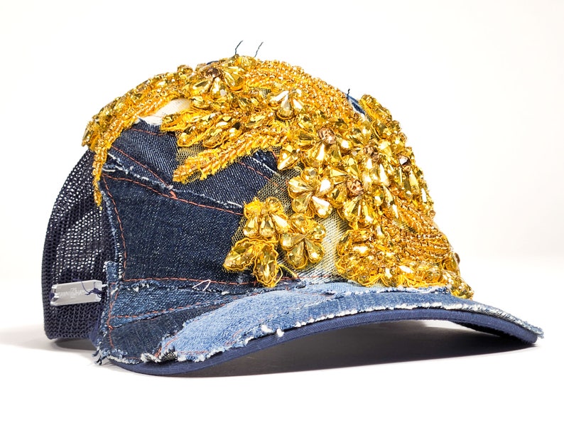 Sparkling Denim Upcycled Crystal Snapback Hat, Bling Trucker Cap ...