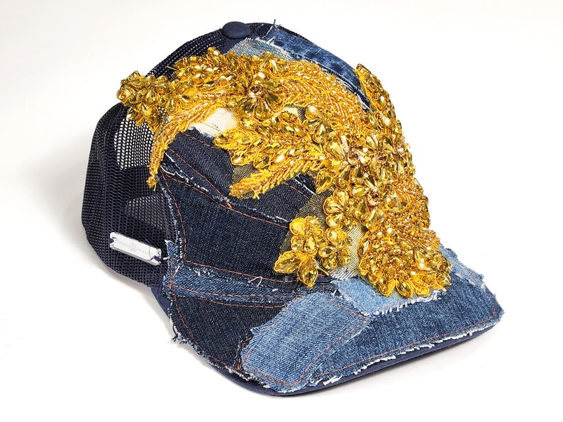 Sparkling Denim Upcycled Crystal Snapback Hat, Bling Trucker Cap ...