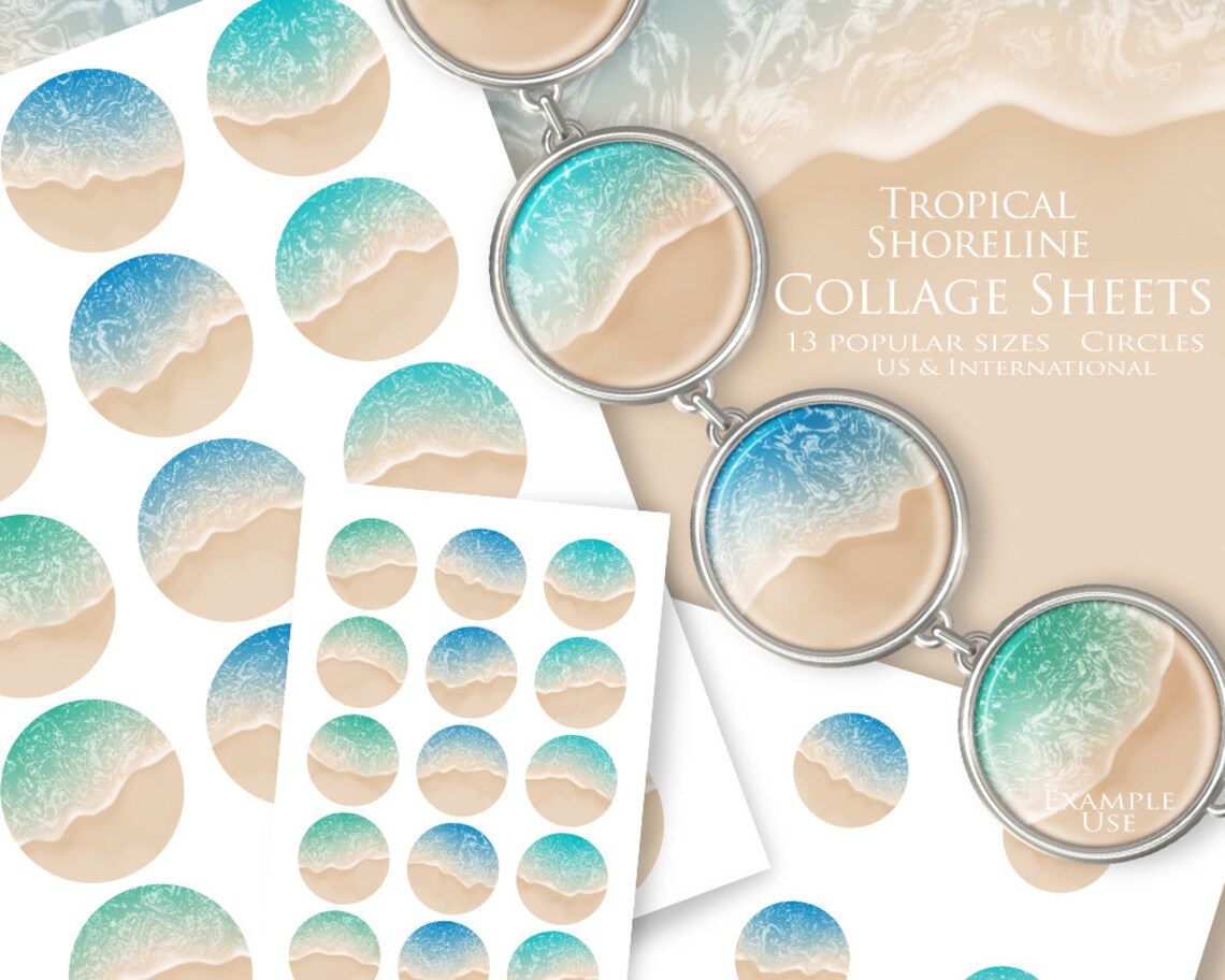 Digital Beach Collage Sheet Circles - 15 Unique Designs in 1'' 25mm and ...