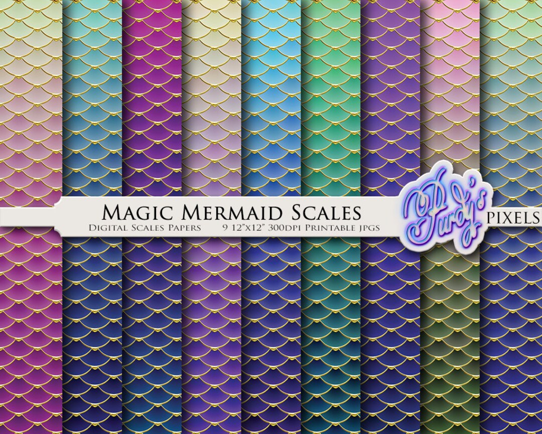 Magical Mermaid Digital Paper Pack - Ombre and Gold Mermaid Scales ...