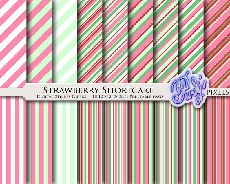 Strawberry Shortcake Stripes Digital Paper Pack - 9 Seamless Pink and ...