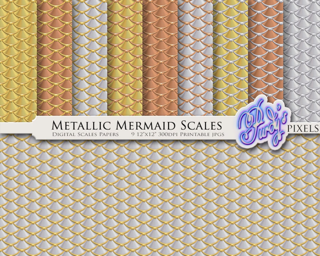 Metallic Digital Mermaid Scales Paper Pack - 9 Seamless Silver and Gold ...