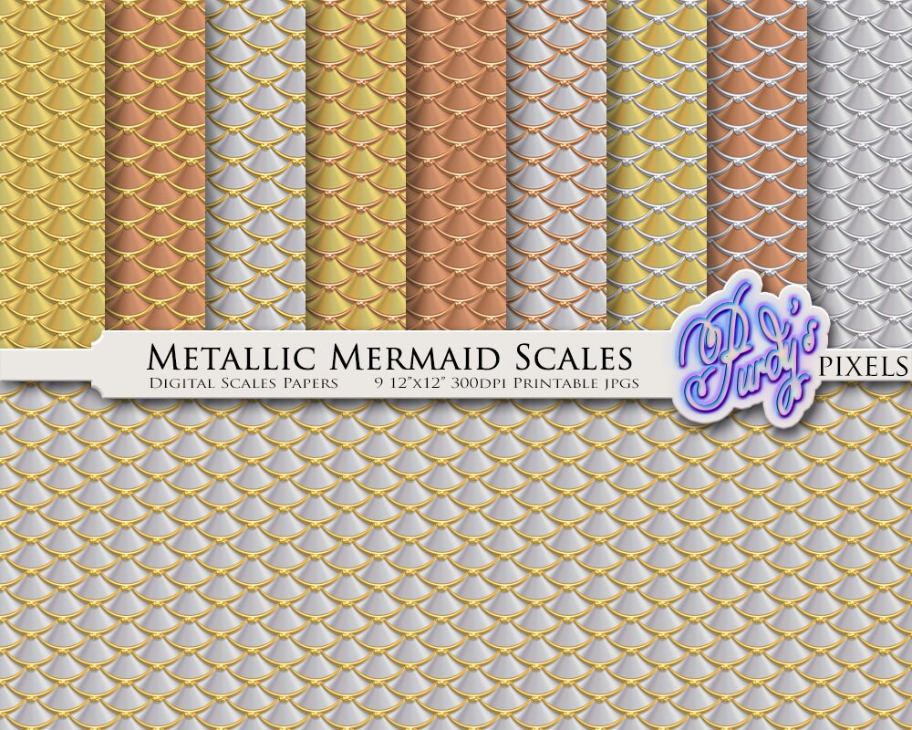 Metallic Digital Mermaid Scales Paper Pack - 9 Seamless Silver and Gold ...