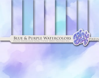 Watercolor and Marble Digital Paper, Purple and Blue Watercolour ...
