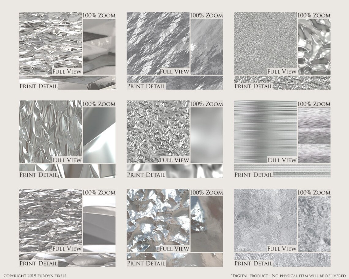 Digital Silver Foil Paper Pack - 9 Seamless Metallic Silver Printable ...
