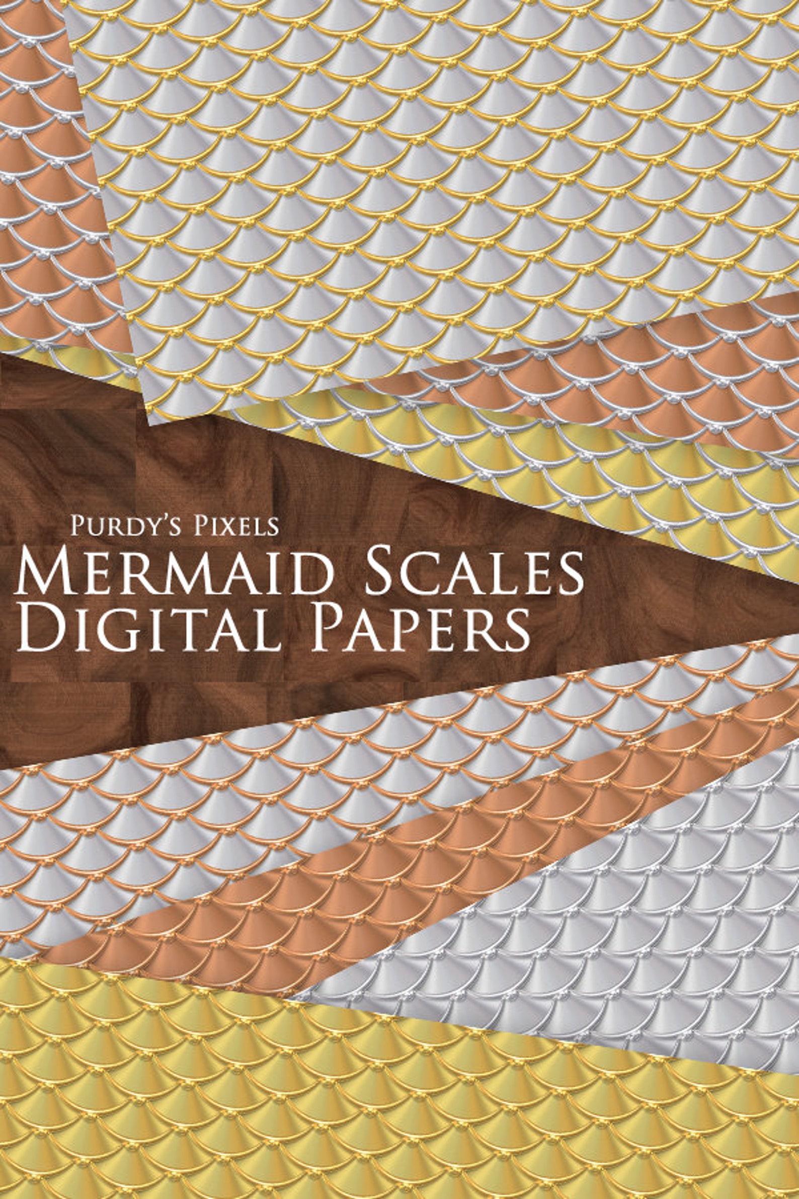 Metallic Digital Mermaid Scales Paper Pack - 9 Seamless Silver and Gold ...