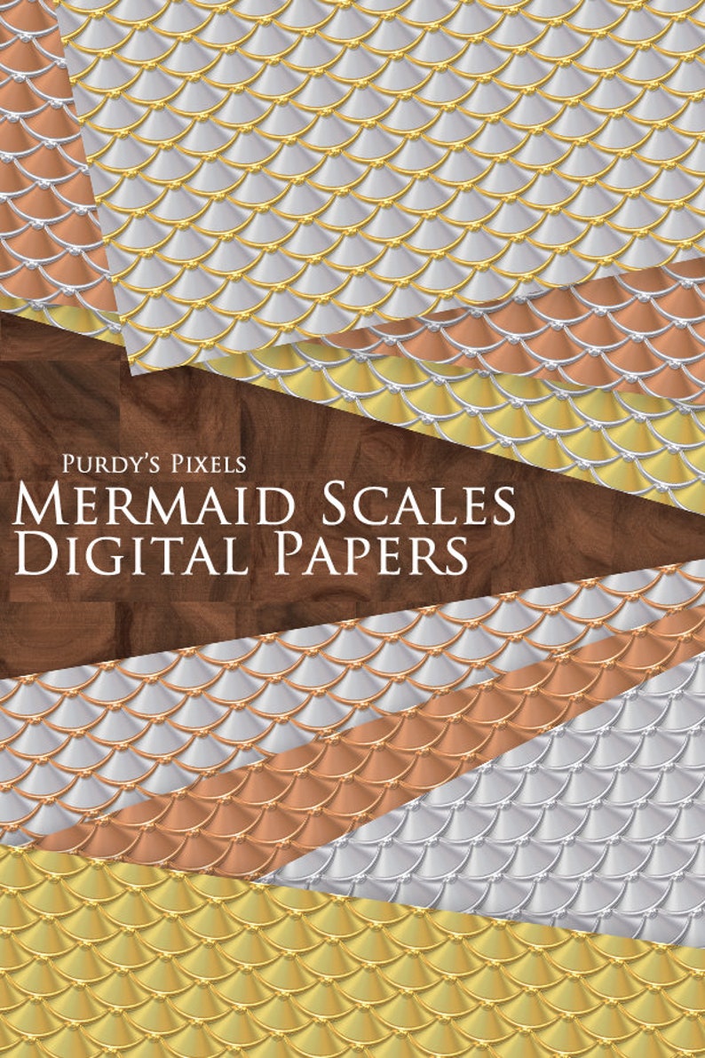 Metallic Digital Mermaid Scales Paper Pack - 9 Seamless Silver and Gold ...