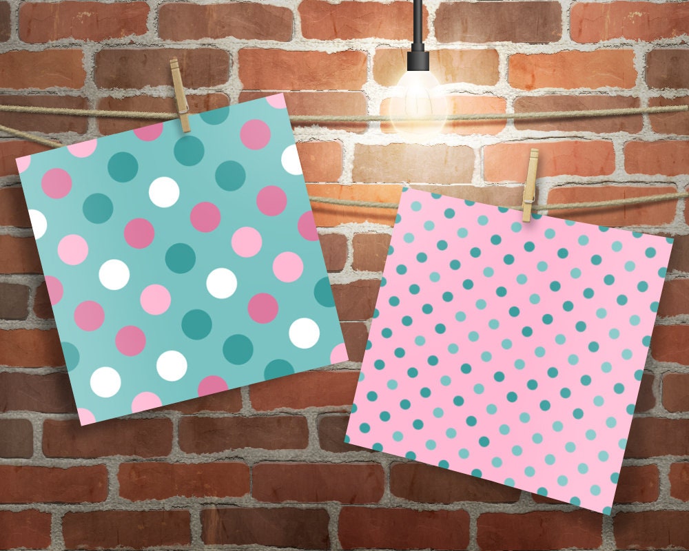 Teal and Pink Polka Dots Digital Paper - Printable Polka Dot ...