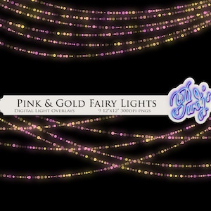 Digital Pink & Gold Fairy Lights Overlays - Printable Scrapbooking ...
