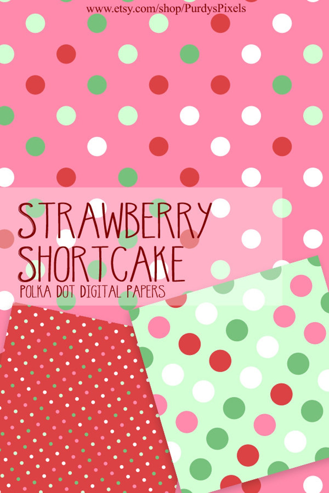 Strawberry Shortcake Polka Dots Digital Paper Pack - 18 Seamless Green ...