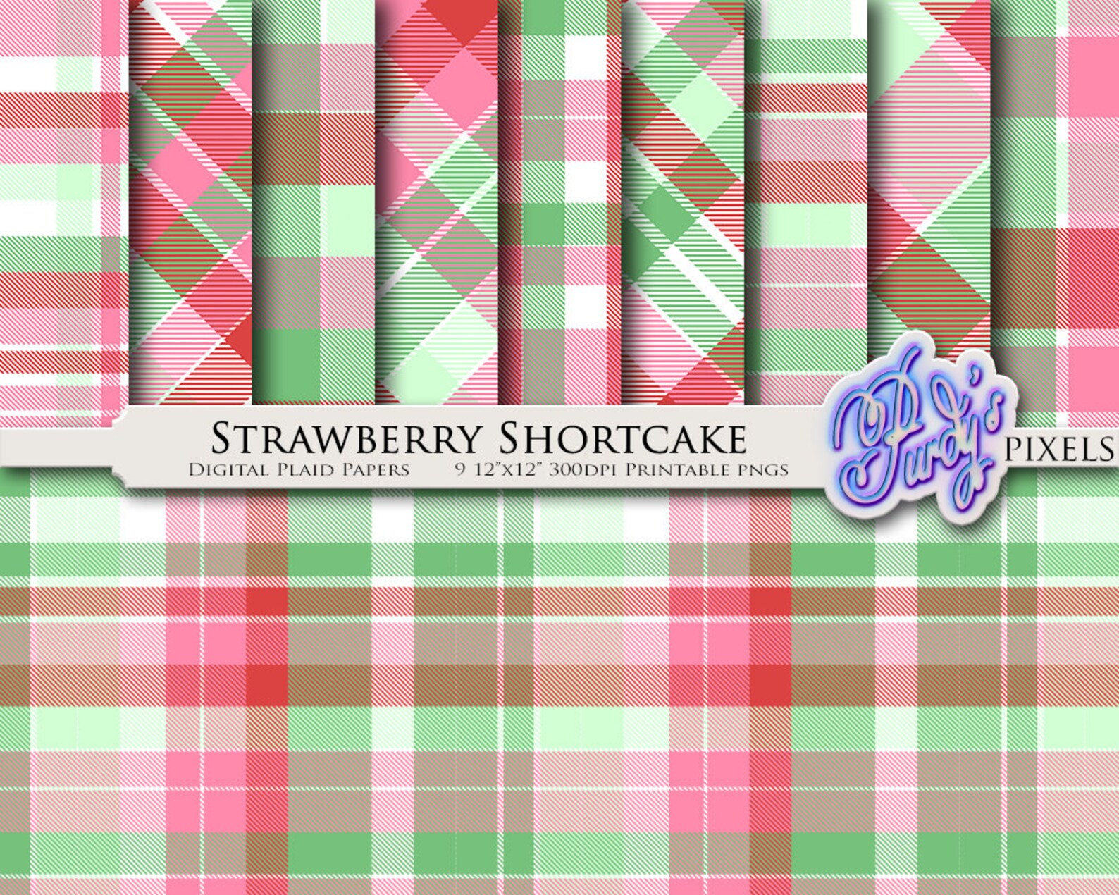 Strawberry Shortcake Plaid Digital Paper Pack - 9 Seamless Pink and ...
