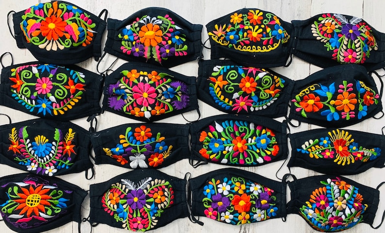 SET of 3 Gorgeous Black Floral Embroidered Face Masks, Reusable and ...