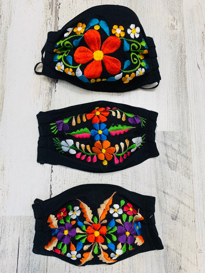 SET of 3 Gorgeous Black Floral Embroidered Face Masks, Reusable and ...