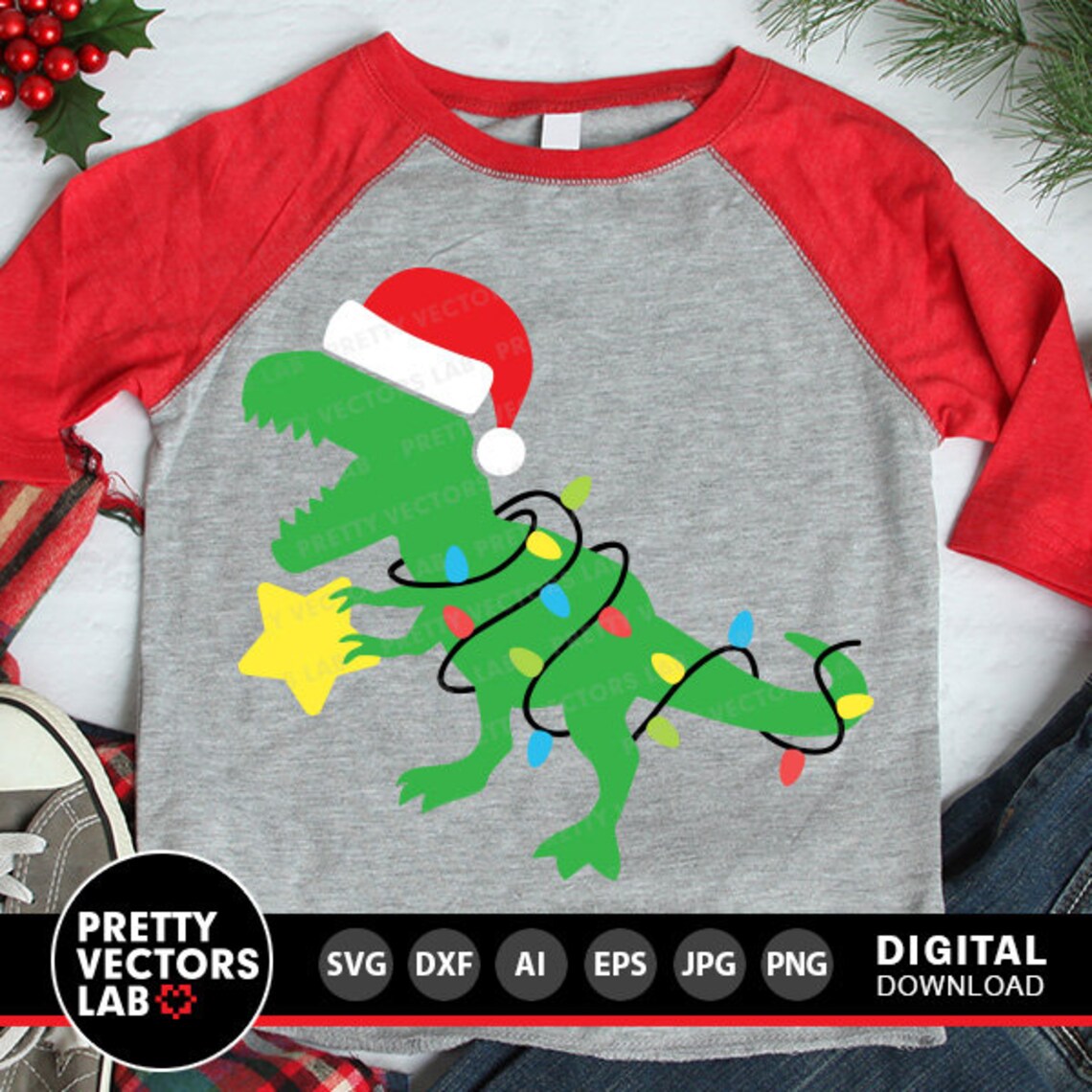Christmas Dinosaur Svg, Santa T-rex Svg, Holiday Dino With Lights Svg ...