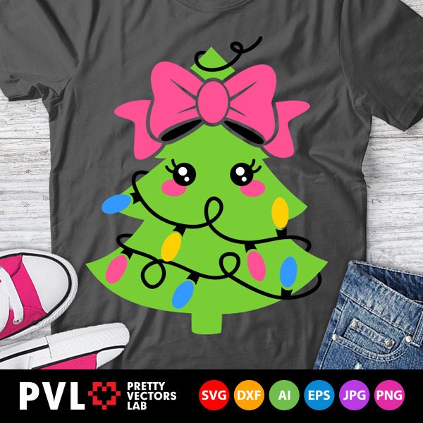 Christmas Tree with Lights Svg Girl Christmas Svg Kawaii | Etsy