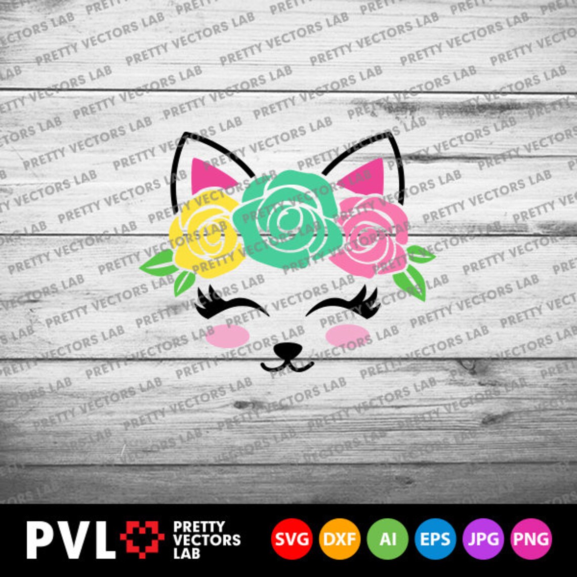 Cat Face Svg Cute Cat With Flowers Svg Girls Cut Files | Etsy
