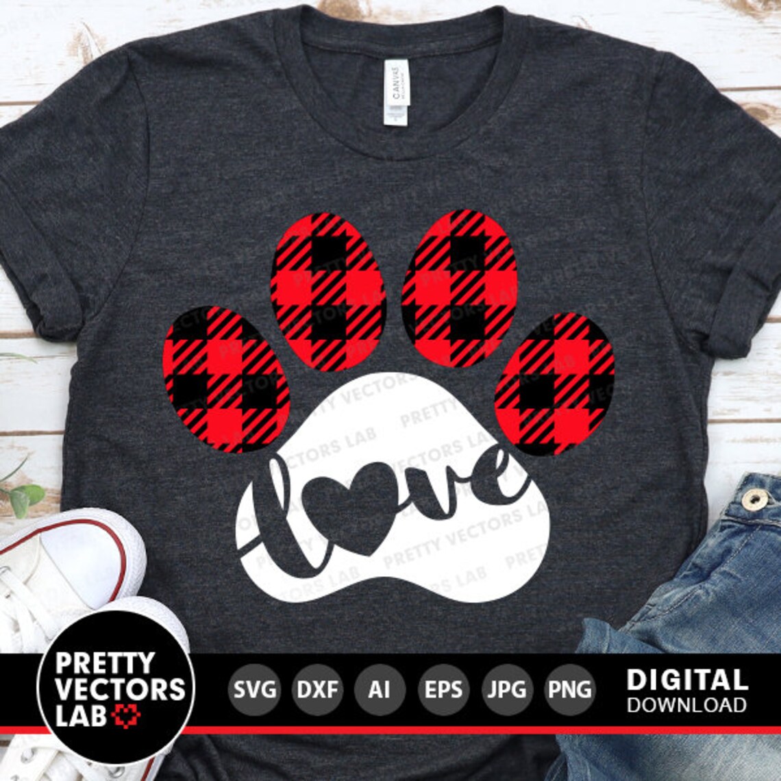 Love Paw Svg, Buffalo Plaid Paw Print Svg, Valentine's Day Cut Files ...