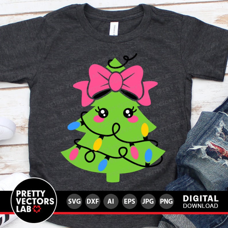 Christmas Tree With Lights Svg Girl Christmas Svg Kawaii - Etsy