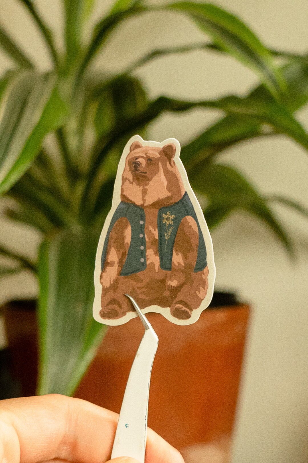 Grizzly Bear Wearing Embroidered Vest Sticker - Weatherproof Travel ...