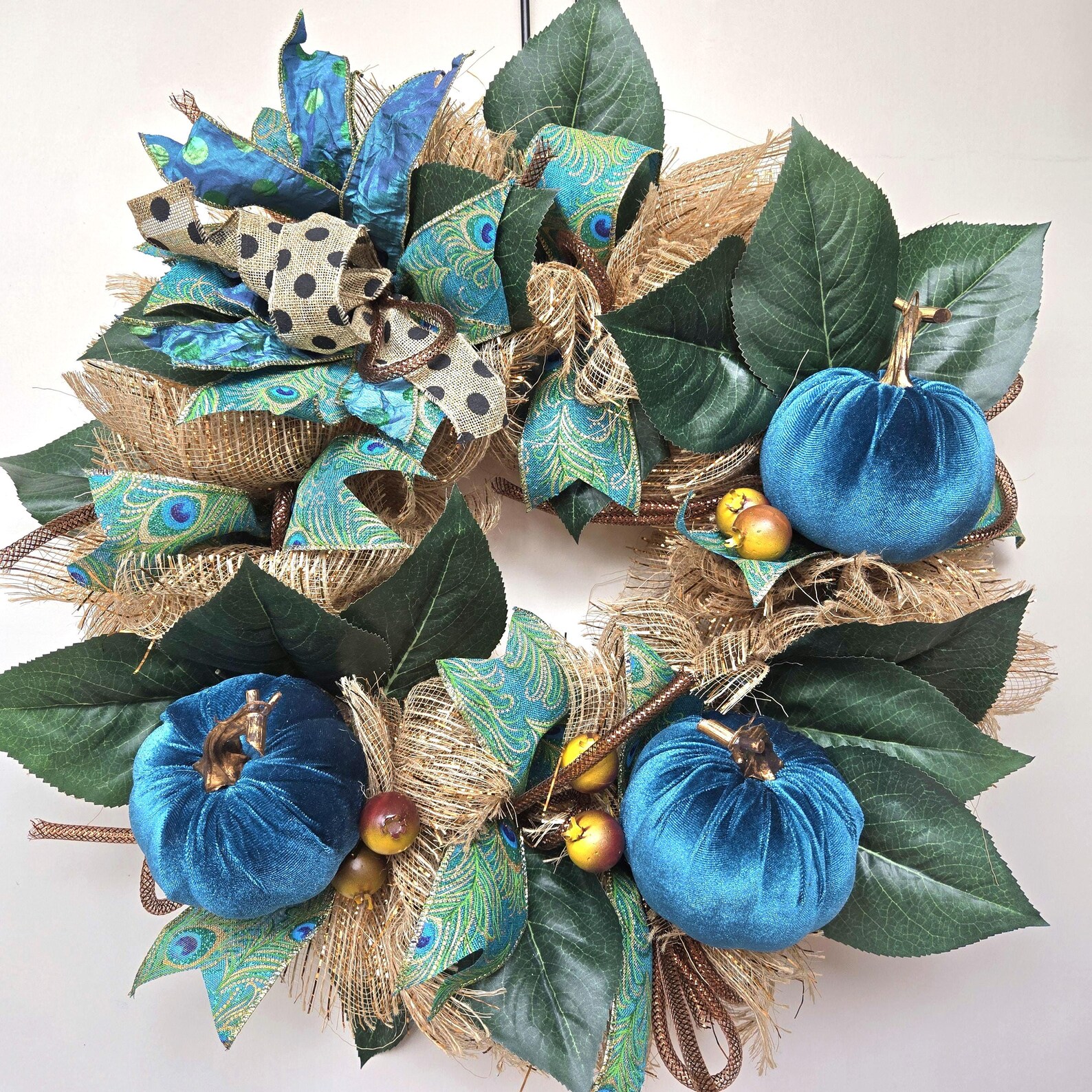 Teal Autumn Wreath for Front Door With Velvet Teal Pumpkins, Gift for ...