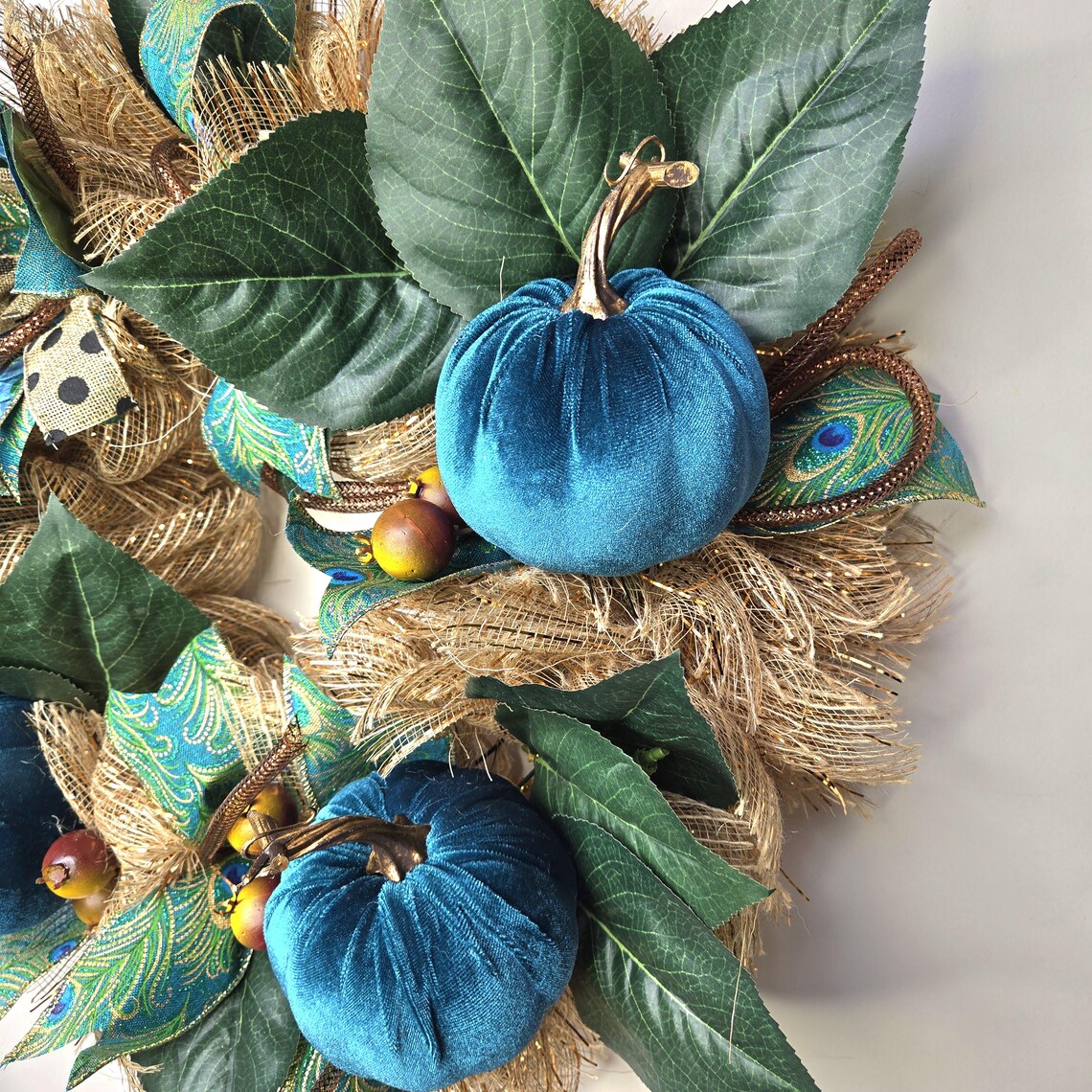 Teal Autumn Wreath for Front Door With Velvet Teal Pumpkins, Gift for ...