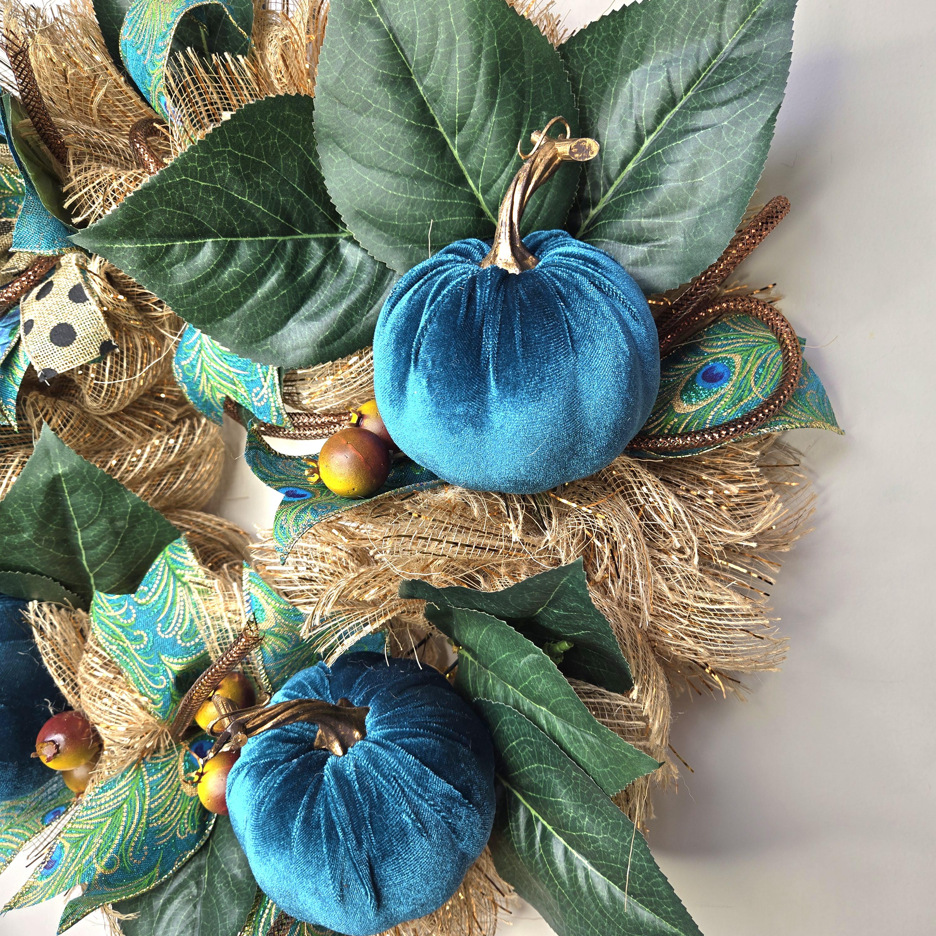 Teal Autumn Wreath for Front Door With Velvet Teal Pumpkins, Gift for ...
