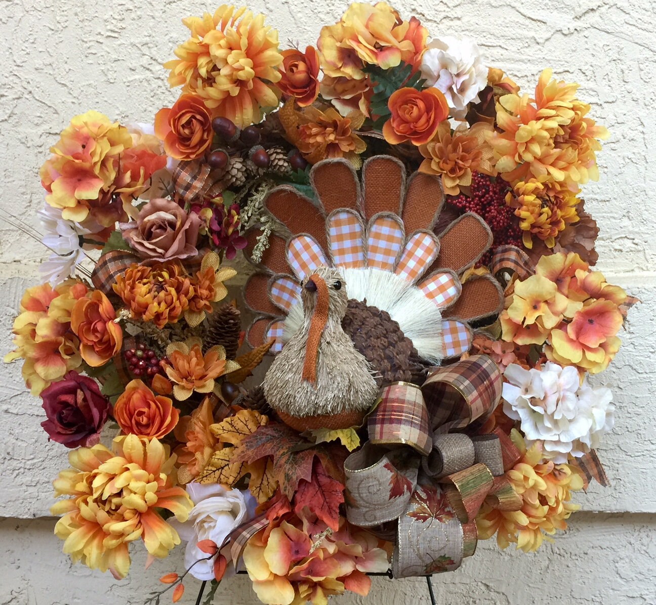 XL Fall Wreath With Turkey and Flowersthanksgiving Wreath for - Etsy