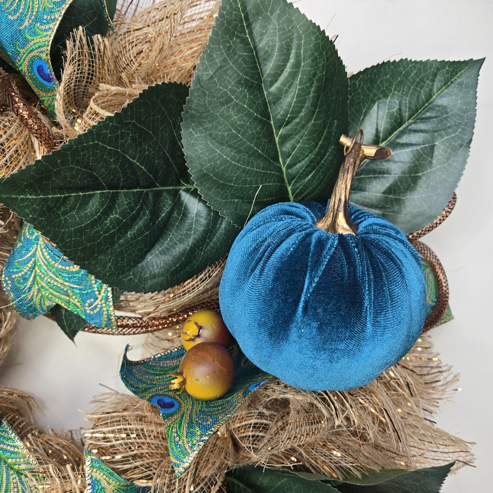 Teal Autumn Wreath for Front Door With Velvet Teal Pumpkins, Gift for ...