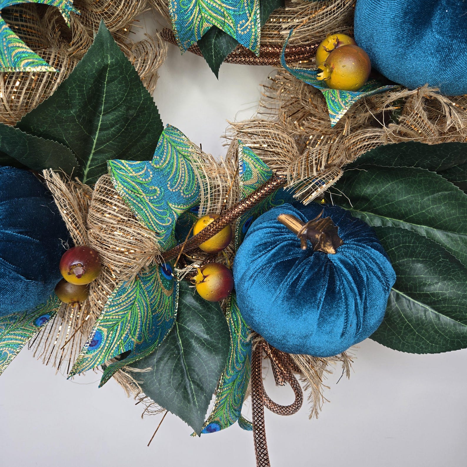 Teal Autumn Wreath for Front Door With Velvet Teal Pumpkins, Gift for ...
