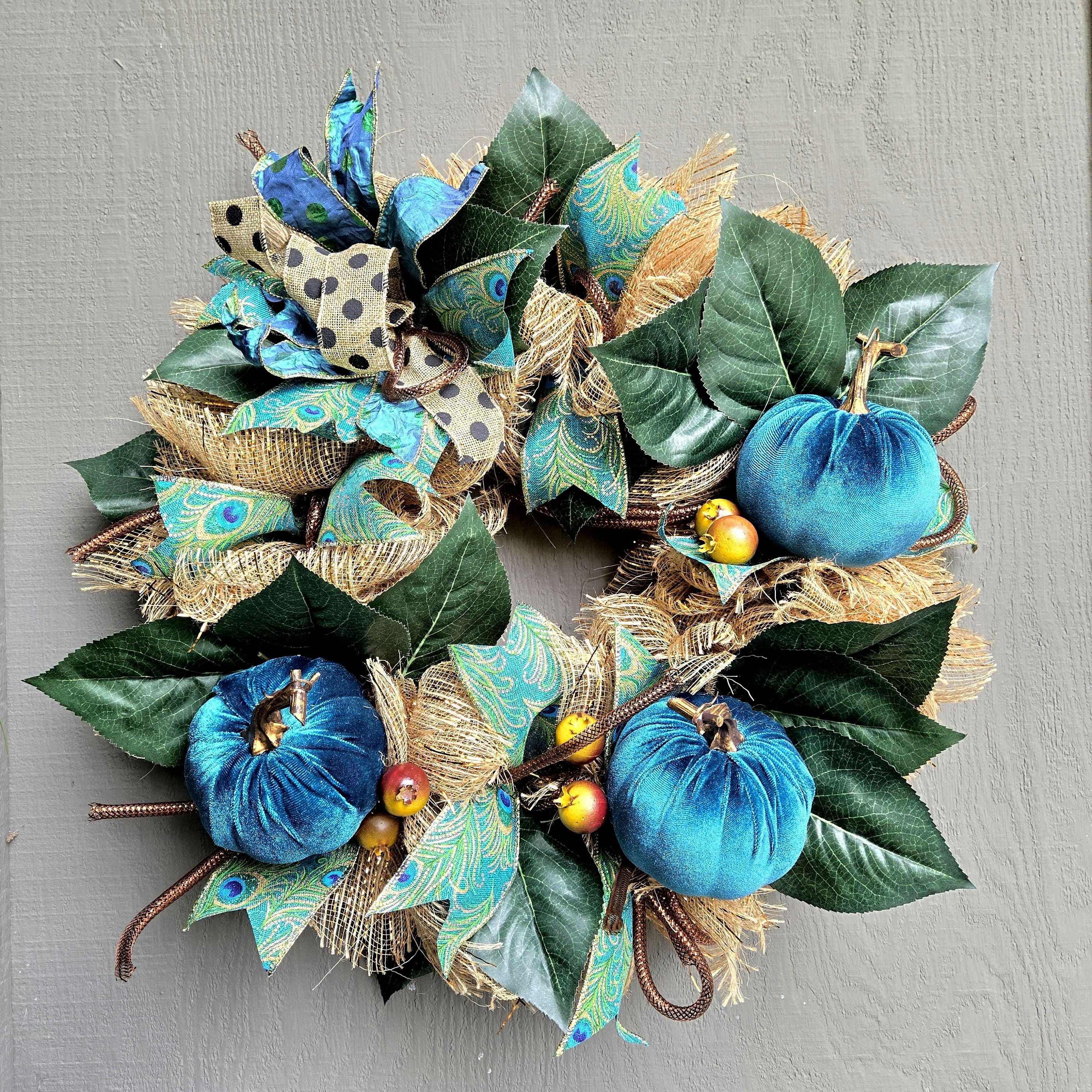 Teal Autumn Wreath for Front Door With Velvet Teal Pumpkins, Gift for ...