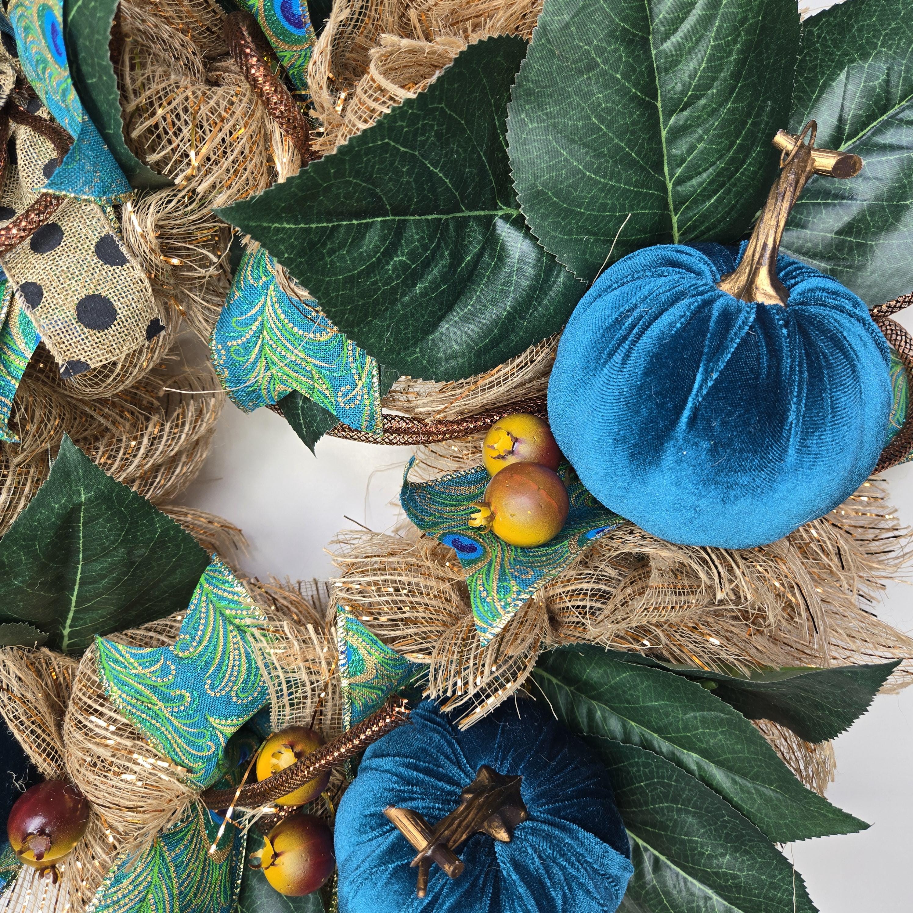 Teal Autumn Wreath for Front Door With Velvet Teal Pumpkins, Gift for ...