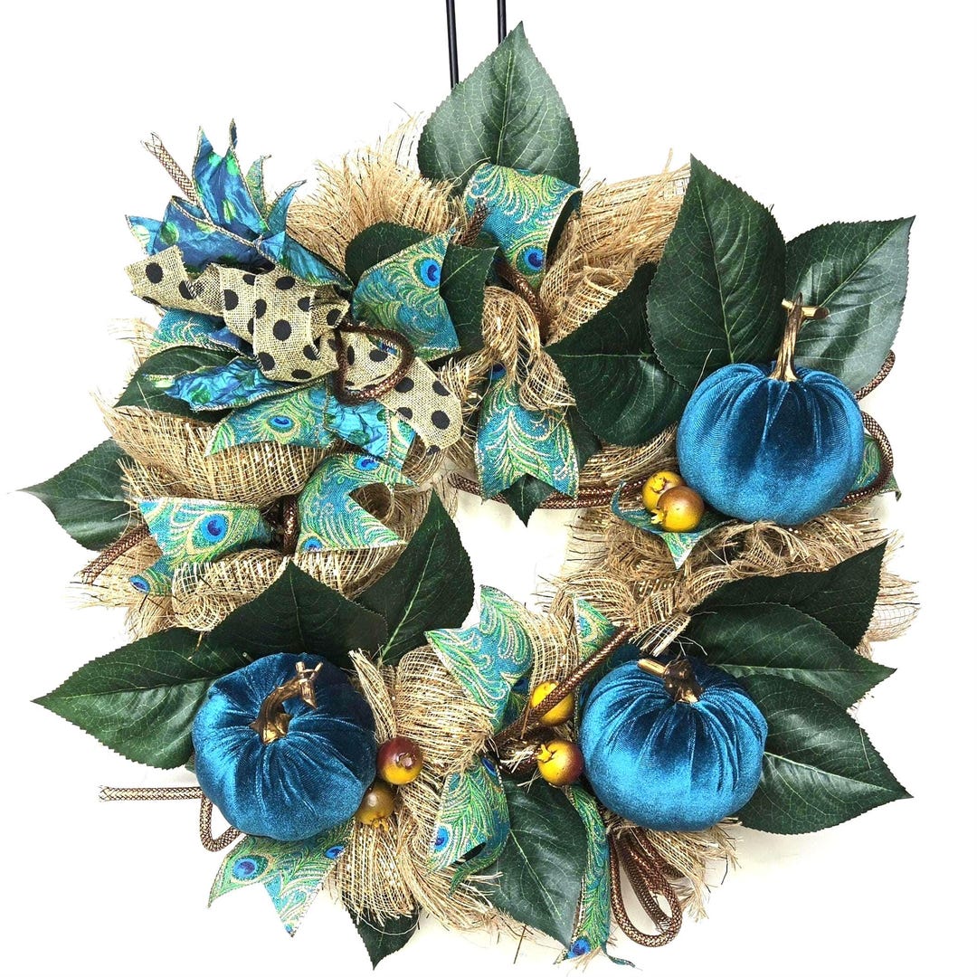 Teal Autumn Wreath for Front Door With Velvet Teal Pumpkins, Gift for ...