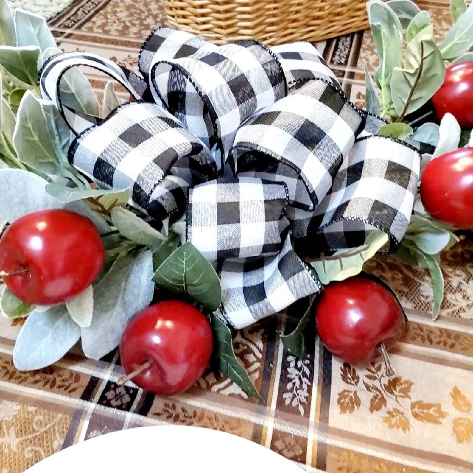 Fall Farmhouse Swag, Buffalo Check Home Decor, Apple and Lambs Ear ...