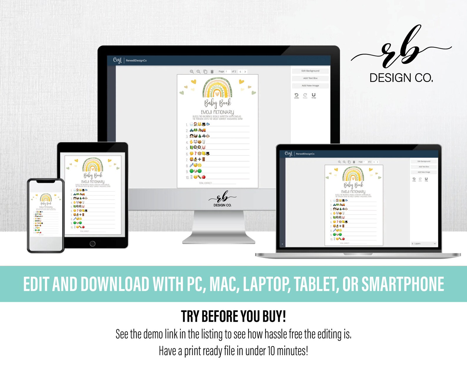 Editable Baby Book Emoji Game, Baby Shower Game, Rainbow Baby Shower ...