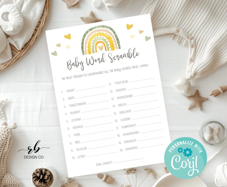Editable Word Scramble, Baby Shower Game, Word Search, Rainbow Baby ...