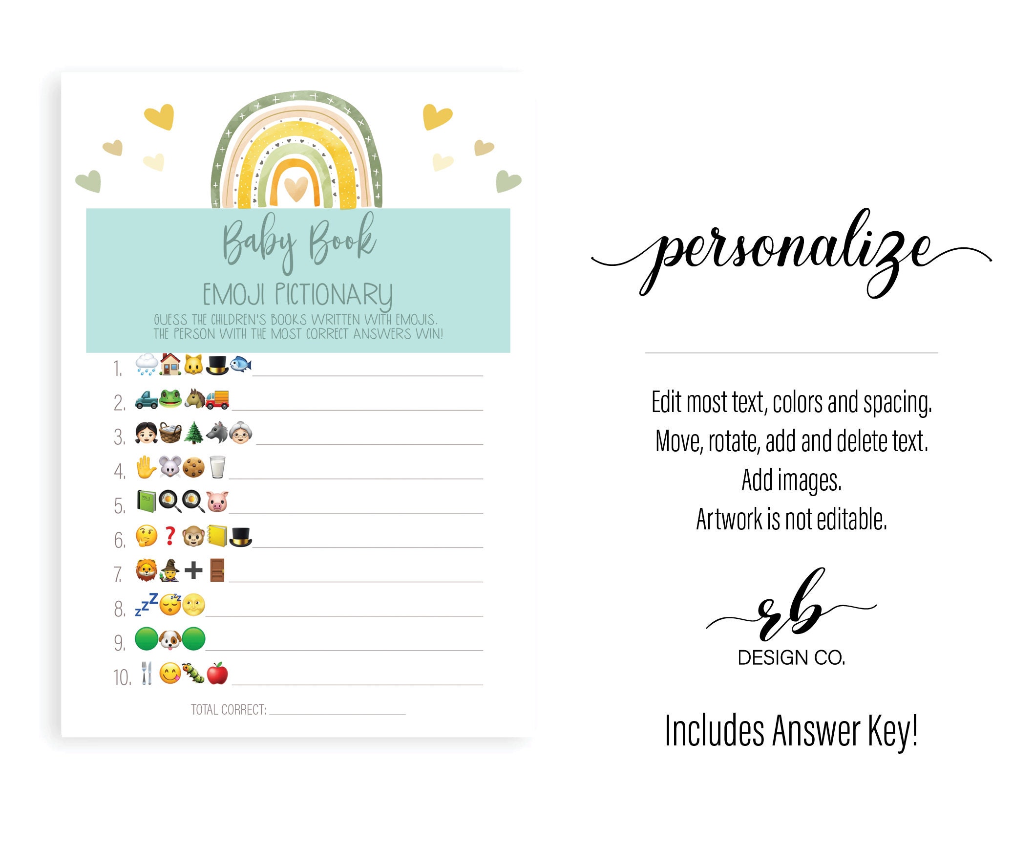 Editable Baby Book Emoji Game, Baby Shower Game, Rainbow Baby Shower ...