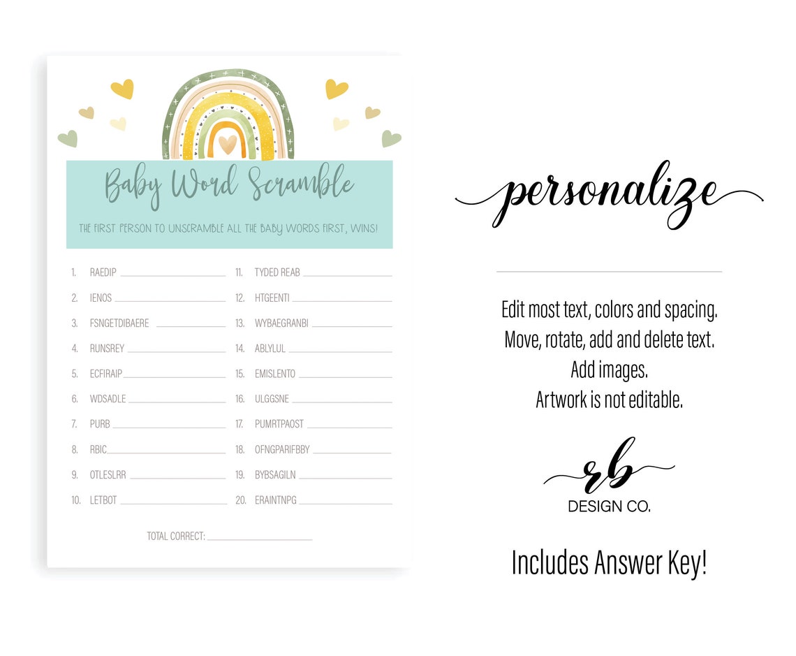 Editable Word Scramble, Baby Shower Game, Word Search, Rainbow Baby ...