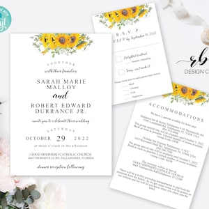 Editable Template Sunflower Wedding Invitation, DIY Invitation, Floral Wedding, Quinceañera, Bar ...