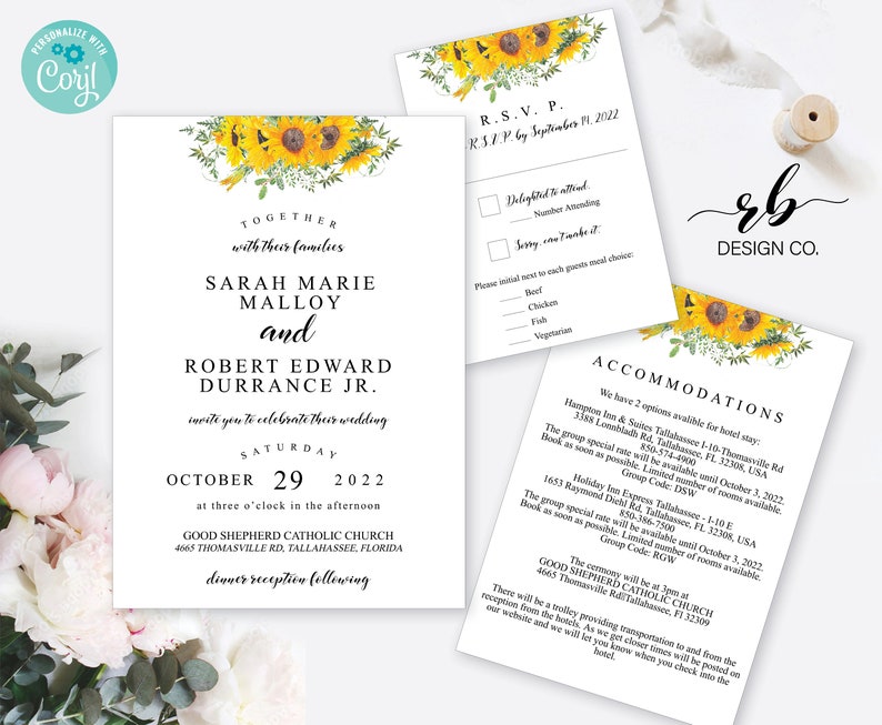 Editable Template Sunflower Wedding Invitation, DIY Invitation, Floral Wedding, Quinceañera, Bar ...