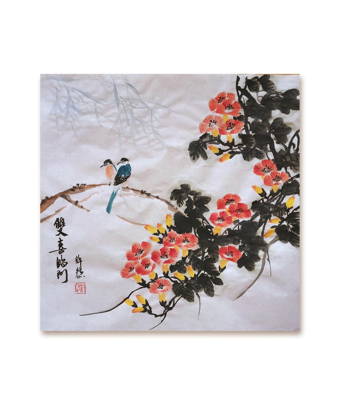 Magpie Painting: Handpainted Chinese Flower Blossom Art, Good Luck ...